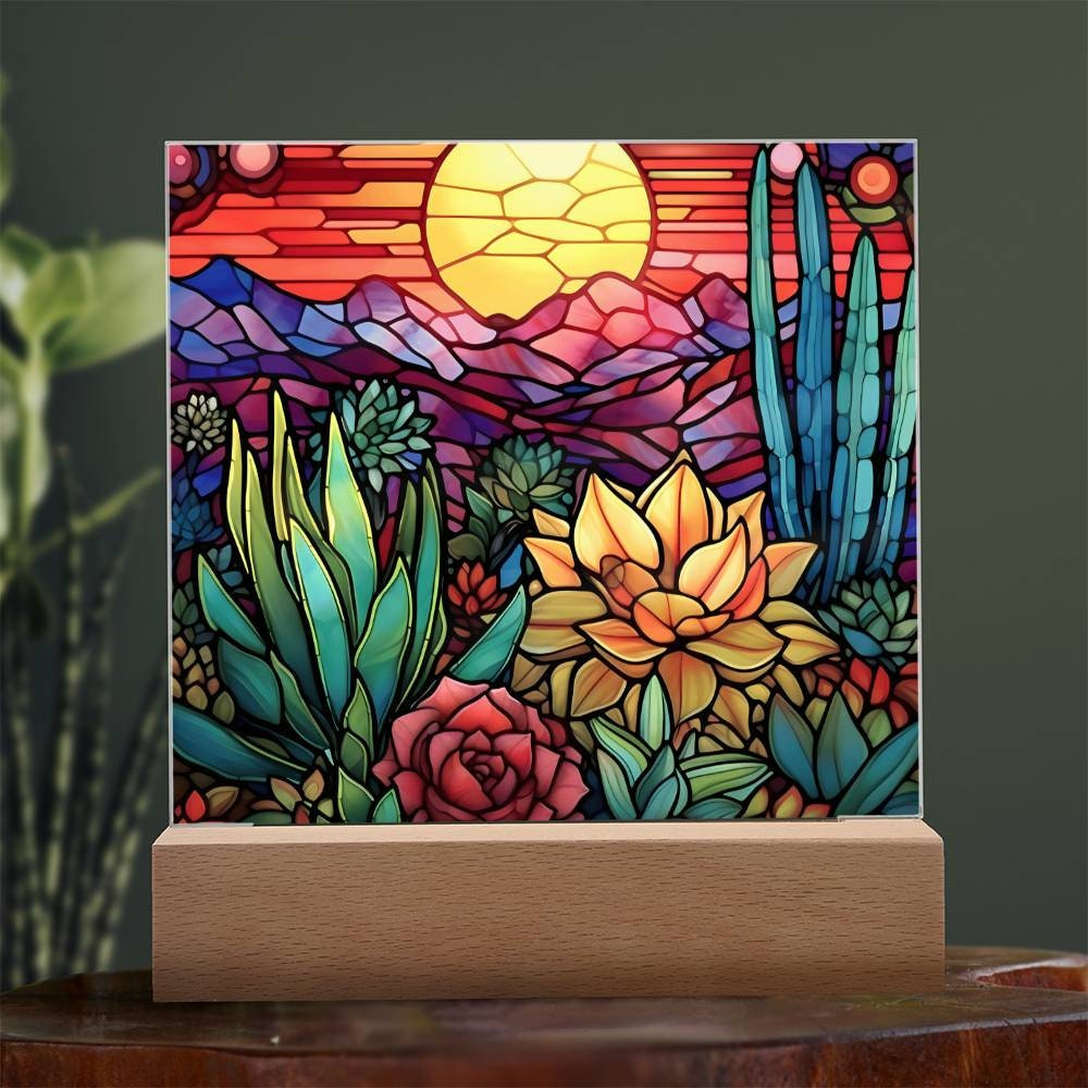 Desert Stained Glass Acrylic Plaque, Desert Sunset Decor, Desert Cactus ...