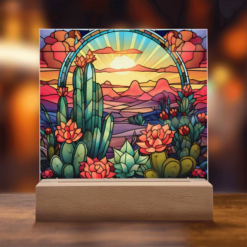 Desert Stained Acrylic Plaque, Desert Cactus Faux Stained Glass ...