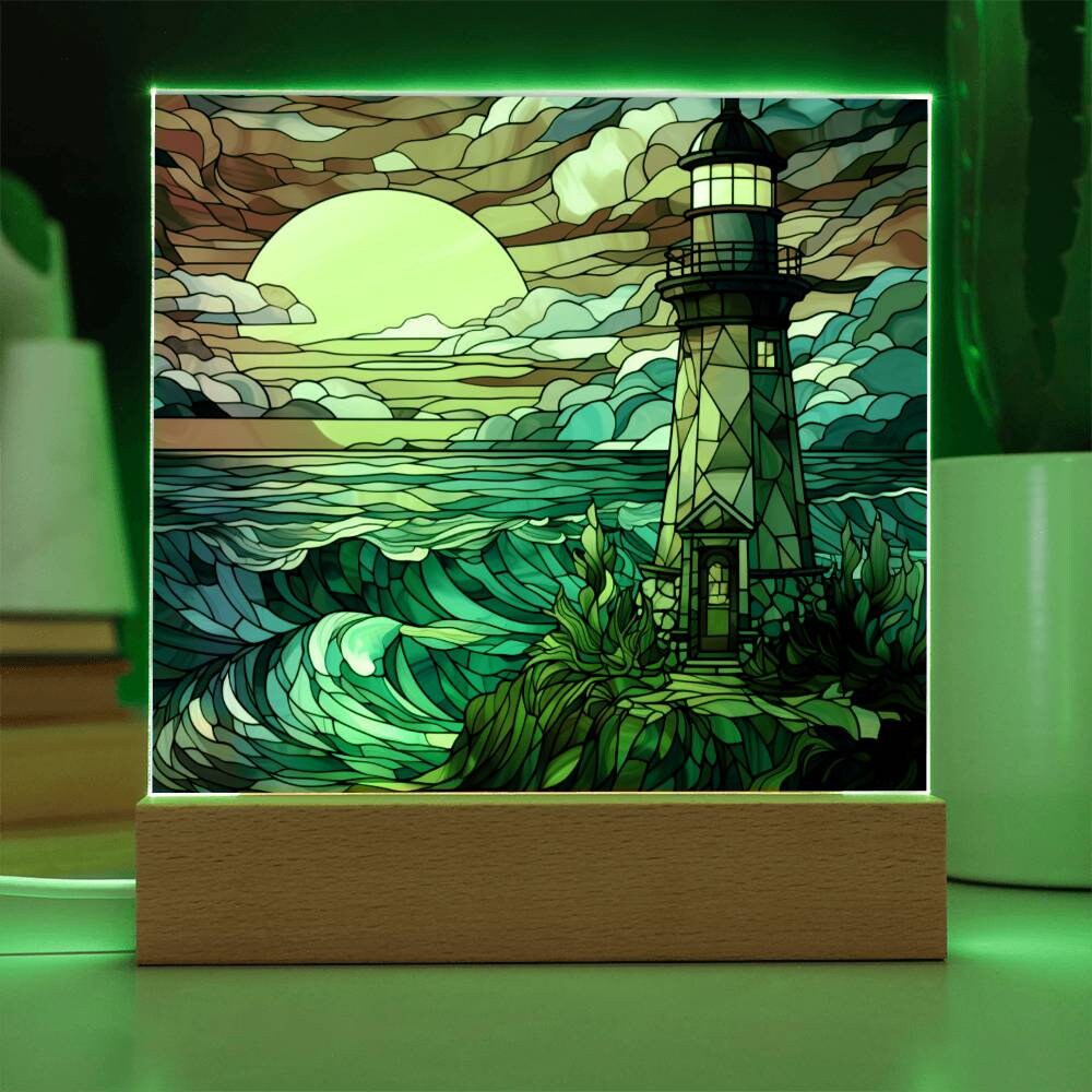 Lighthouse in the Ocean Faux Stained Glass, Lighthouse Stained Glass ...
