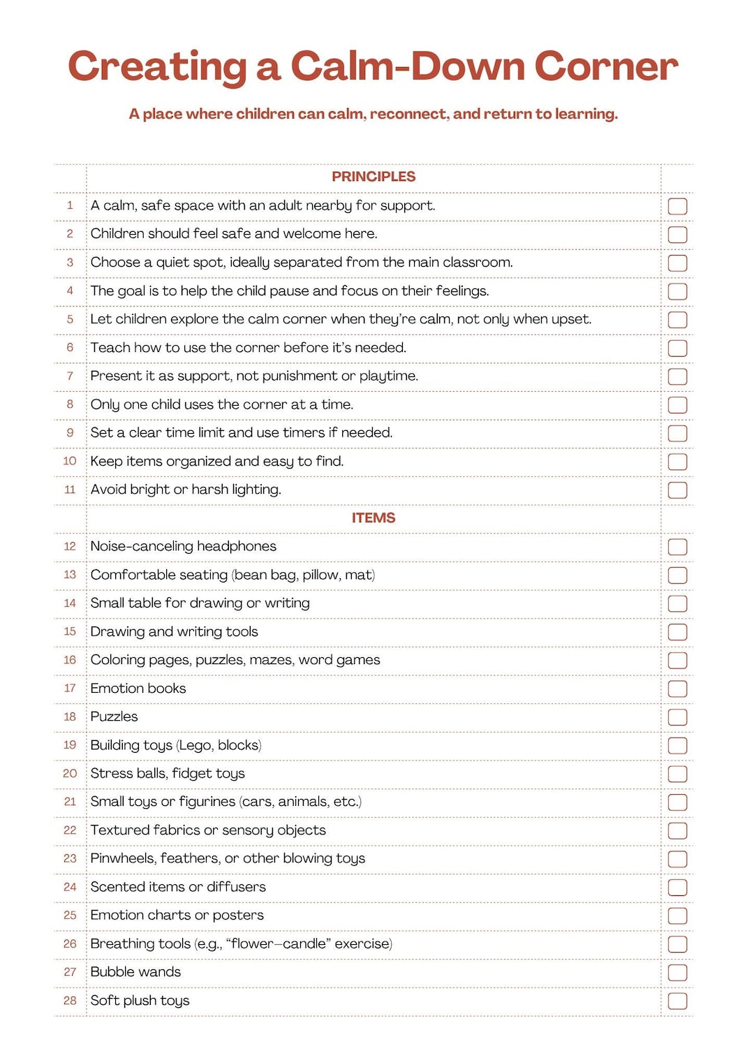 Editable Calm Corner Checklist | Printable Classroom Calm Down Area ...