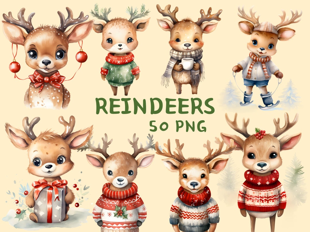 Watercolor Cute Reindeer Clipart Bundle, Christmas Clip Art, Digital ...