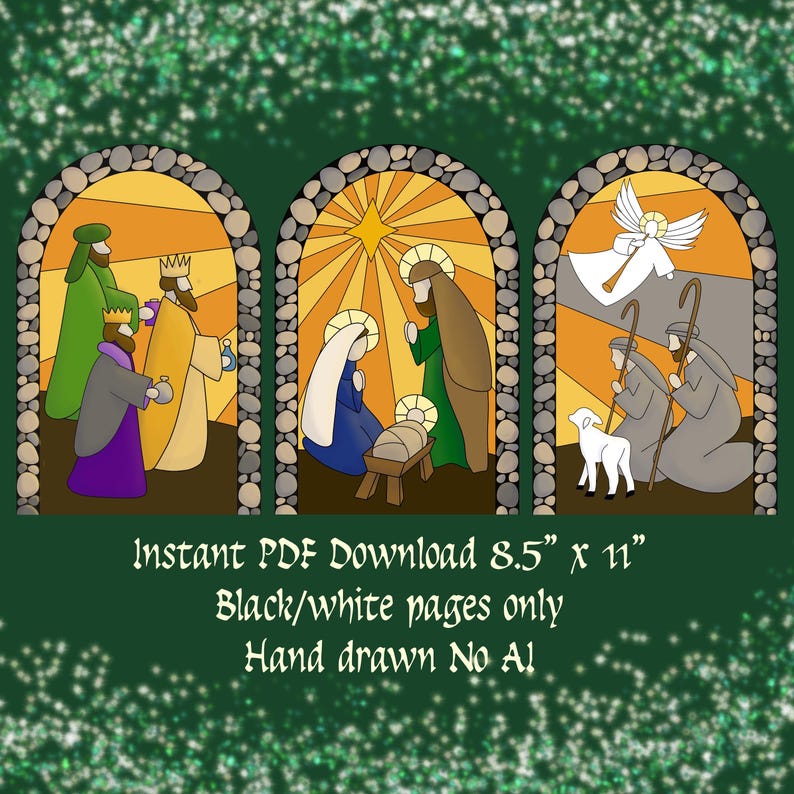 Printable Nativity Coloring Pages | Hand-drawn Christmas Triptych Art ...