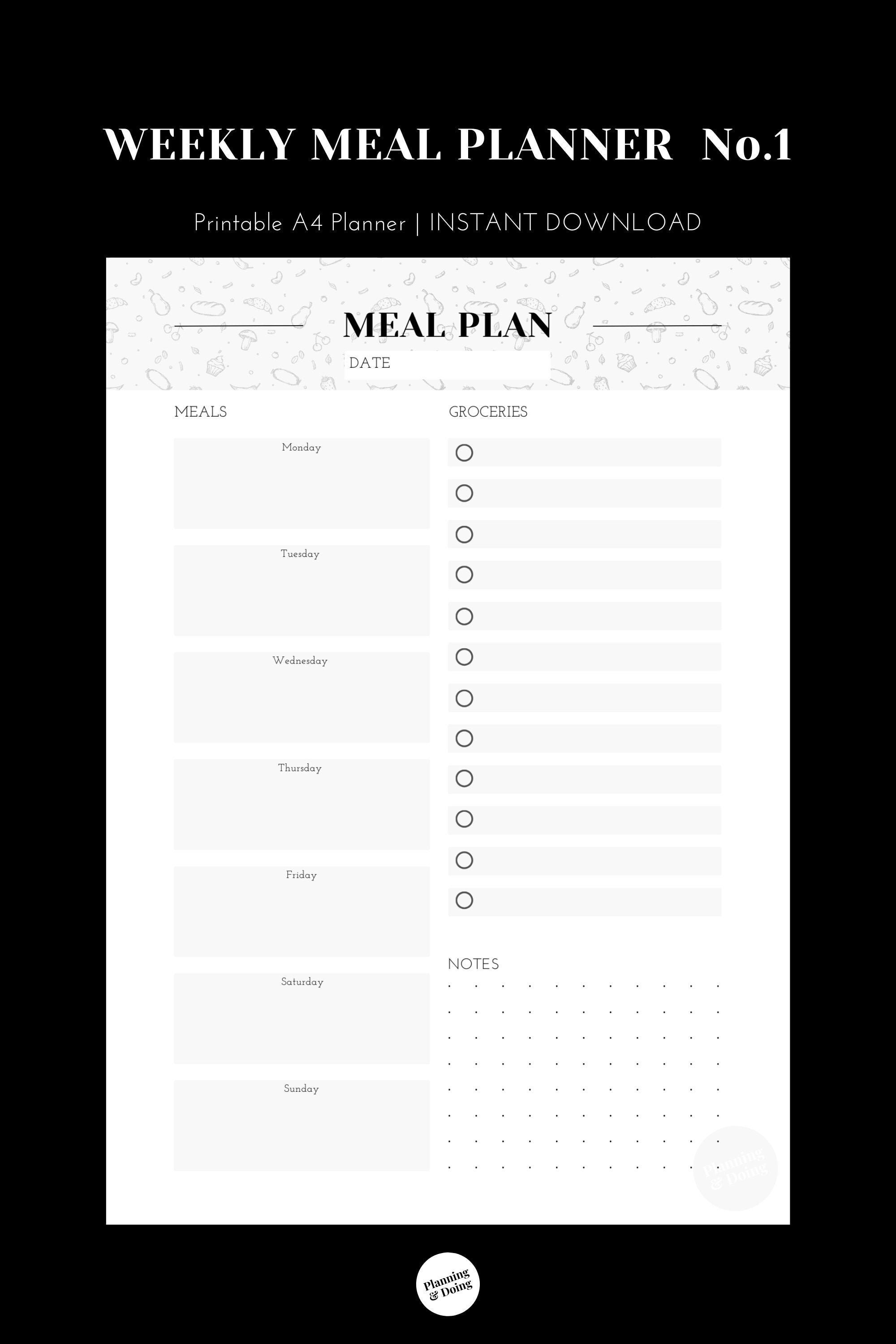 PRINTABLE Weekly Meal Planner No.1 | 7 Day Meal Plan Template & Grocery ...