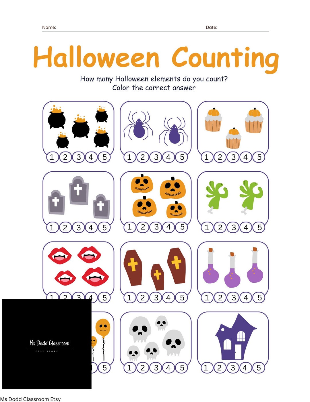 Halloween Counting 1-5 Math Worksheet, Numeracy Practice, Preschool ...