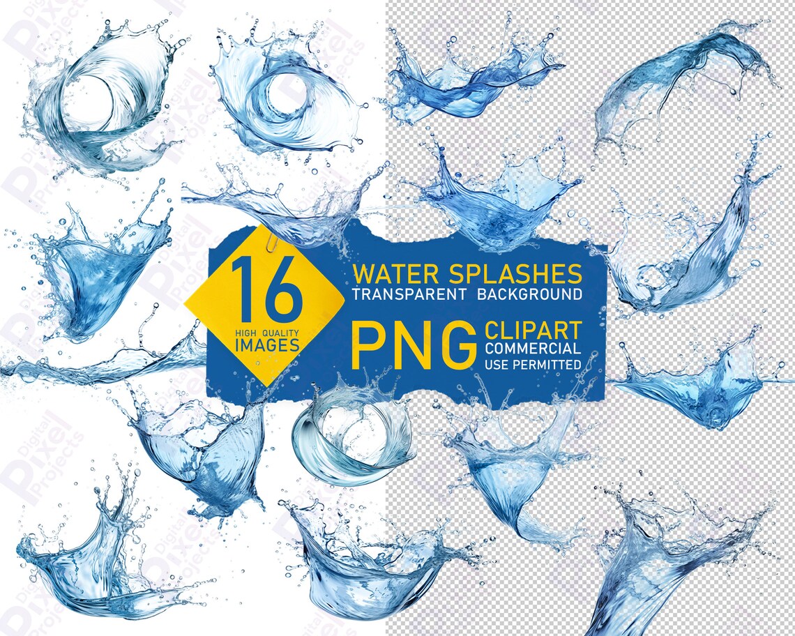Water Splash Overlays. 16 PNG Clipart Overlays of Realistic Water Splash Elements Isolated on a ...