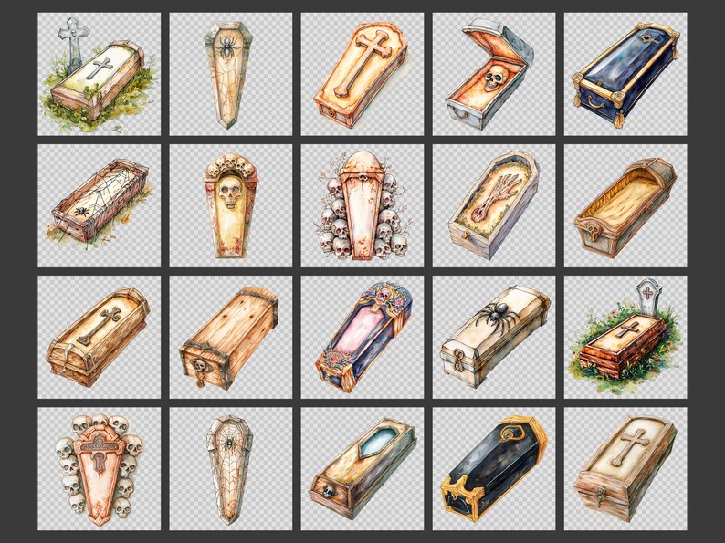 Halloween Coffin Clipart – 24 PNG Watercolor Illustrations for Book ...