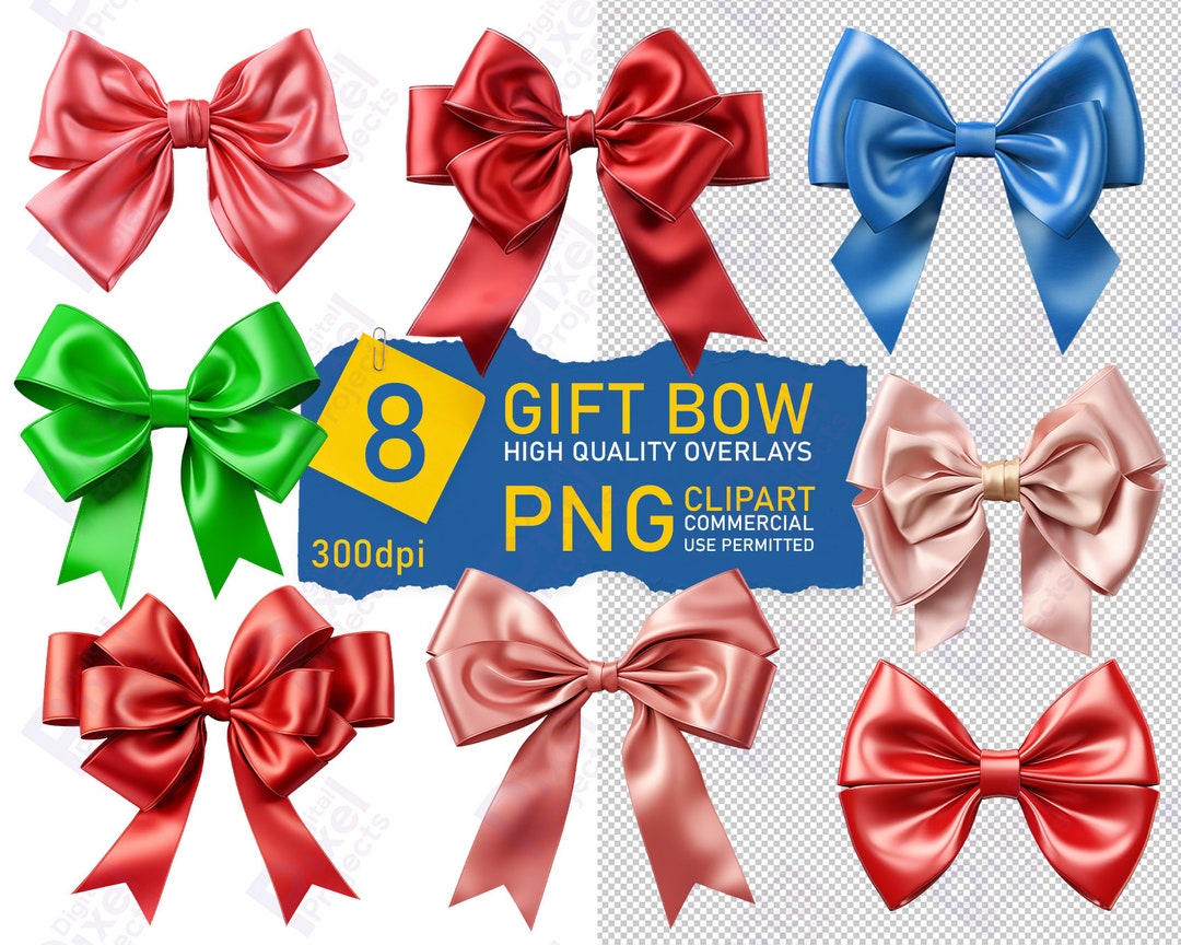 8 PNG Overlays With Images of Gift Ribbon Bows on a Transparent ...