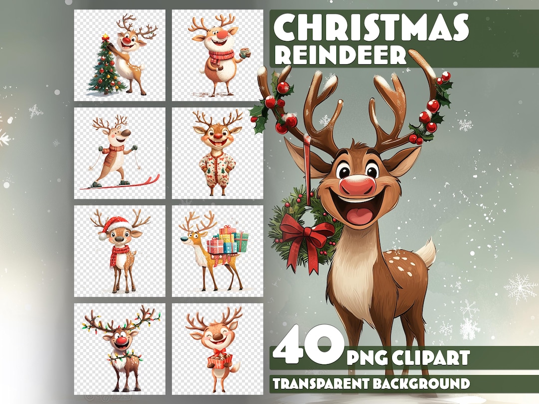 Christmas Reindeer Clipart – 40 PNG Watercolor Illustrations for ...