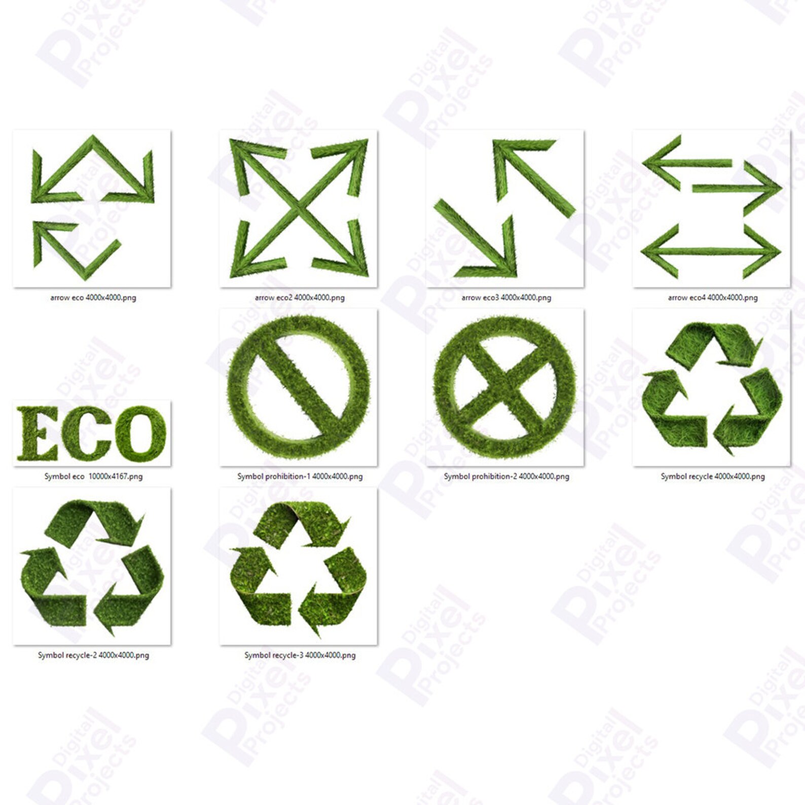 10 PNG Images of Eco Symbols, Created Using a Green Grass Texture, Cut ...