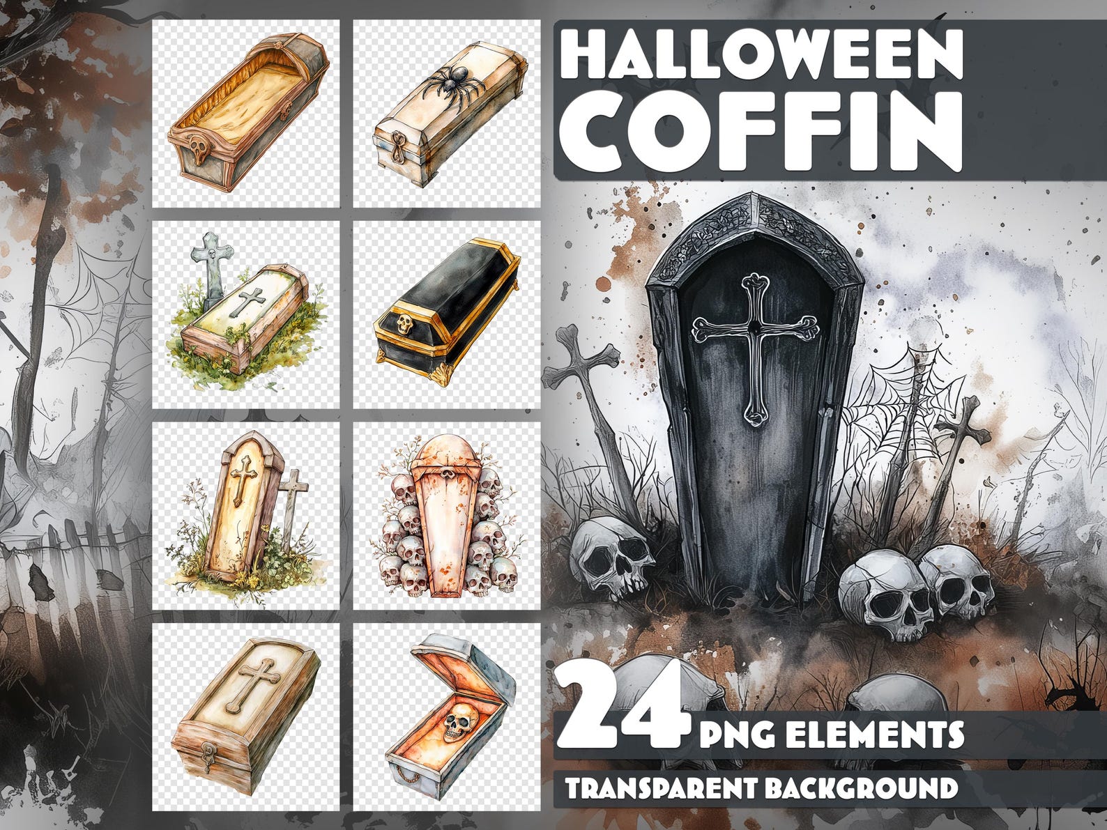 Halloween Coffin Clipart – 24 PNG Watercolor Illustrations for Book ...