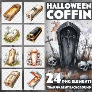 Halloween Coffin Clipart – 24 PNG Watercolor Illustrations for Book ...