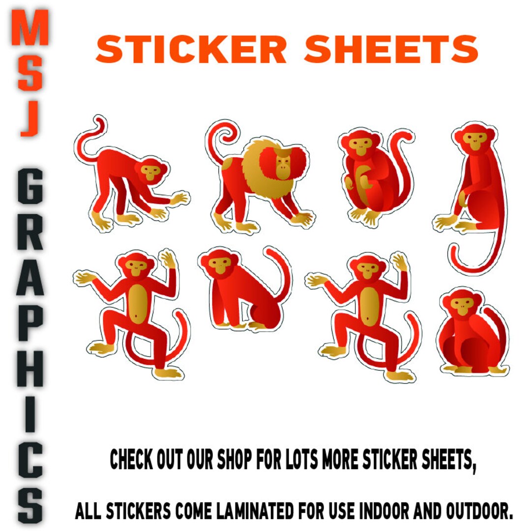Red Monkeys Wild Stickers Sheet Decals Monkeys Wall Self Adhesive Vinyl ...