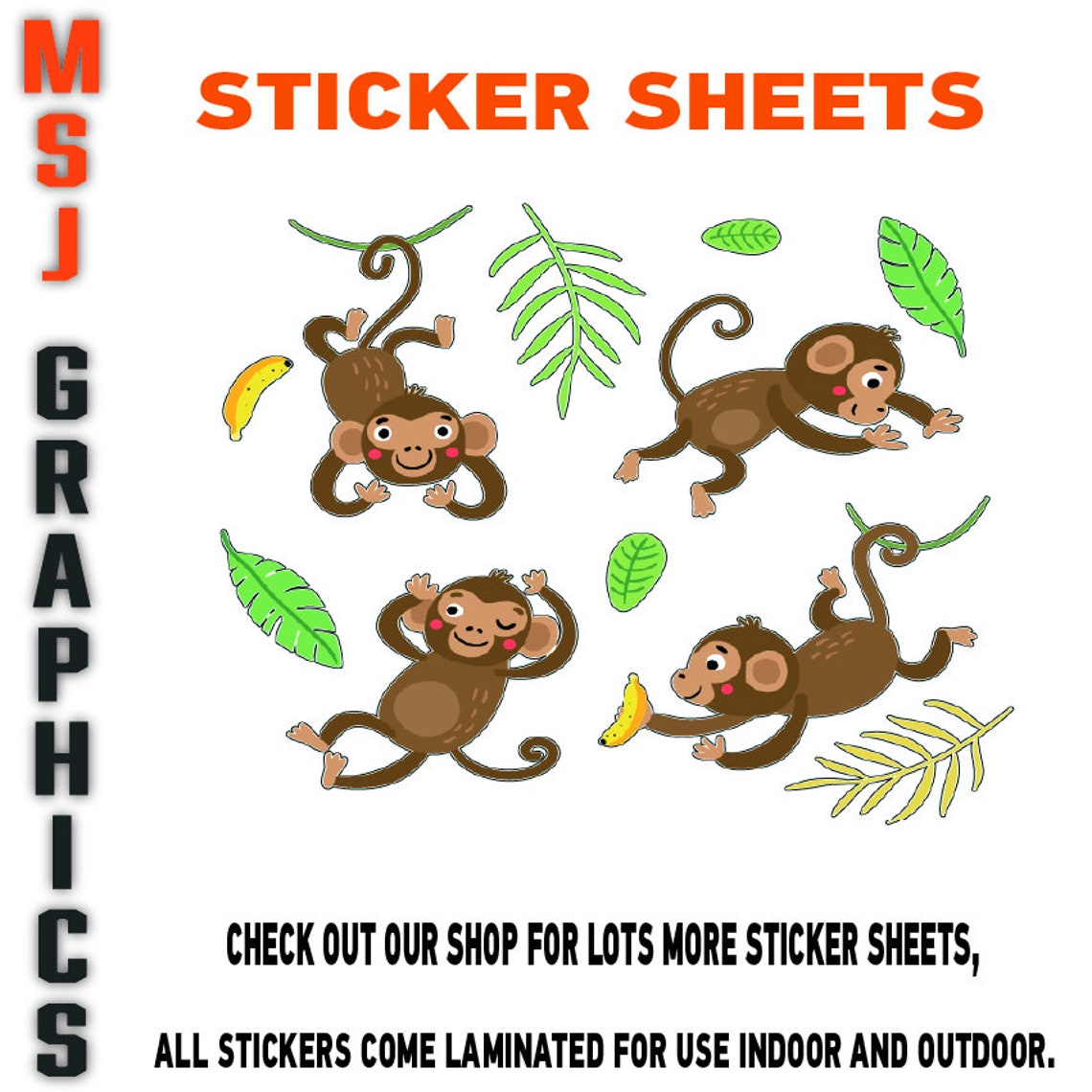 Happy Fun Monkeys Stickers Sheet Decals Monkey Wall Self Adhesive Vinyl ...