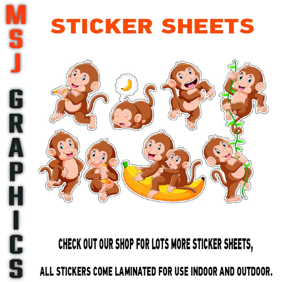 Monkey Babies Stickers Sheet Decals Monkeys Wall Self Adhesive Vinyl A4 ...