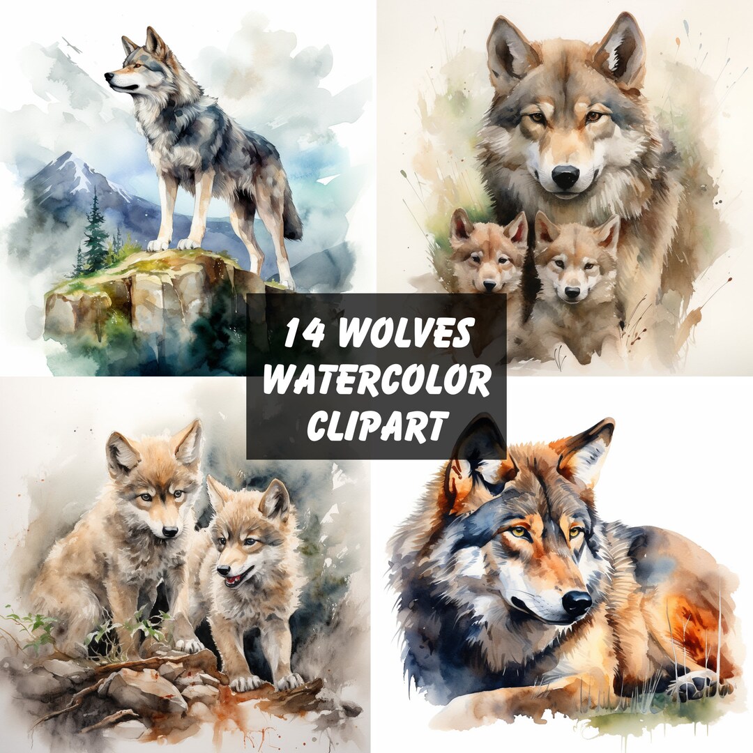 14 Wolves Watercolor Illustration Clipart Digital Download Printable ...