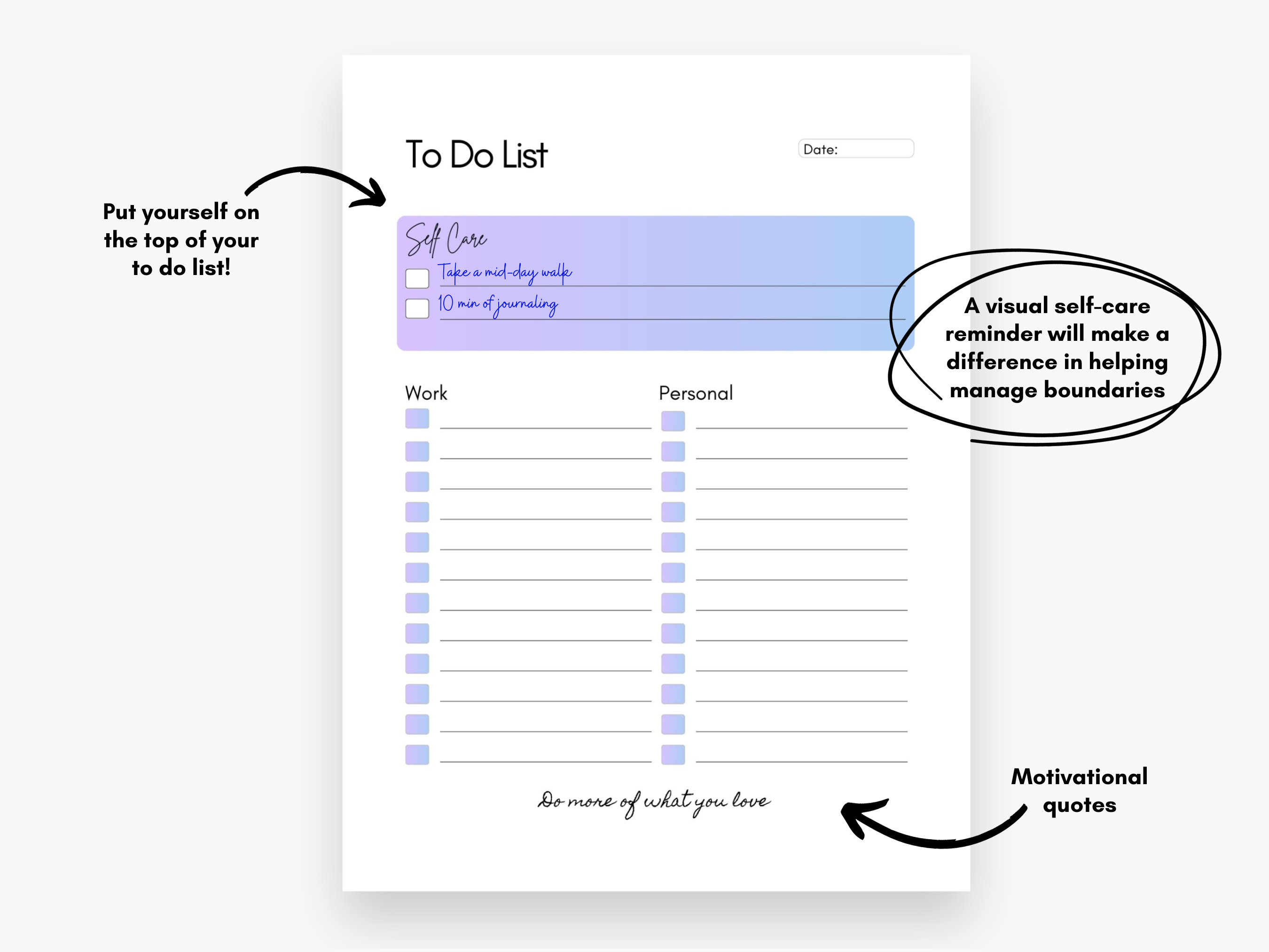 To Do List Printable, Prioritize Self-care, Daily Checklist for Working ...