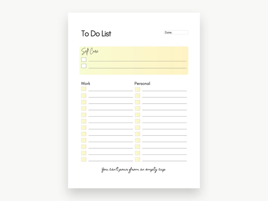 To Do List Printable, Prioritize Self-care, Daily Checklist for Working ...
