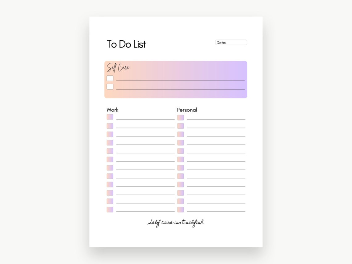 To Do List Printable, Prioritize Self-care, Daily Checklist for Working ...