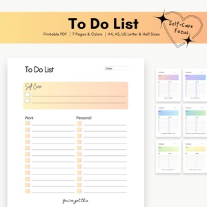 To Do List Printable, Prioritize Self-care, Daily Checklist for Working ...