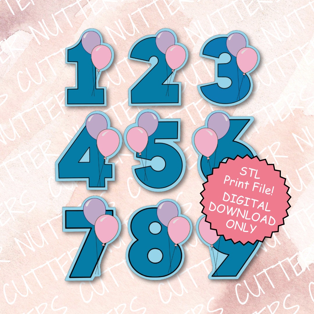 STL 3D Print File ONLY Number 1-9 With Balloons Cookie Cutters. 9 ...