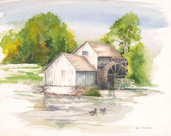 Landscape Painting, Old Mill, Archival Print, Watercolor Mill Painting ...