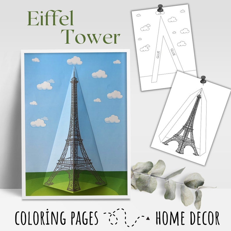 2D Eiffel Tower Coloring Pages | Paris Home Decor | Printable Painting ...