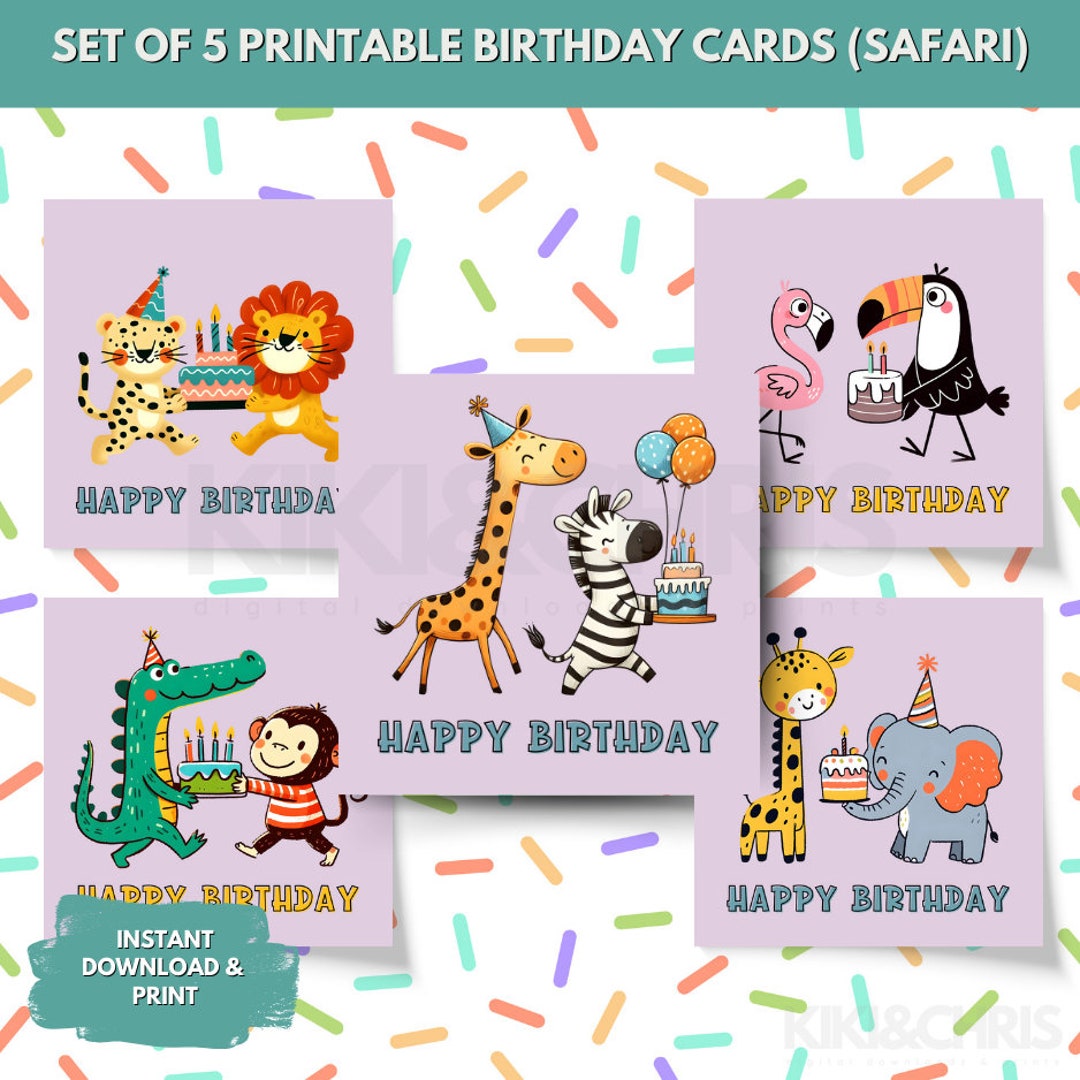 Printable Kids Birthday Card Set of 5, Safari Jungle Animal Card, Print ...