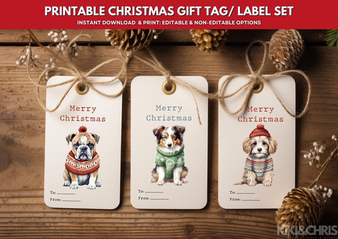 Personalized Watercolor Christmas Dog Gift Tag & Label Set, Editable ...