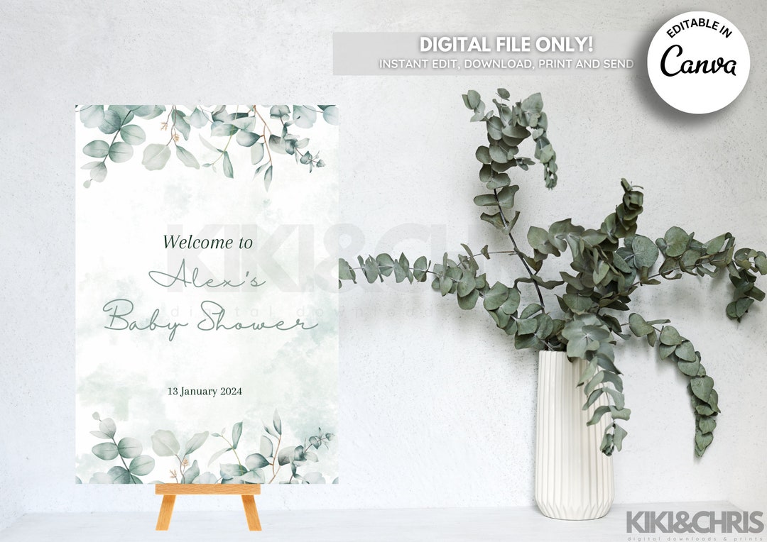 Editable Eucalyptus Floral Baby Shower Welcome Sign, Eucalyptus Floral ...