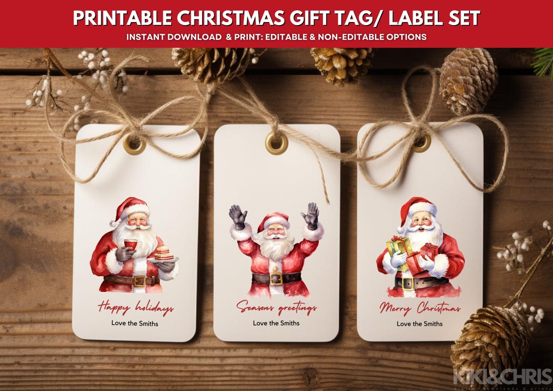 Watercolor Santa Claus Gift Tag & Label Set, Editable and Ready-to ...