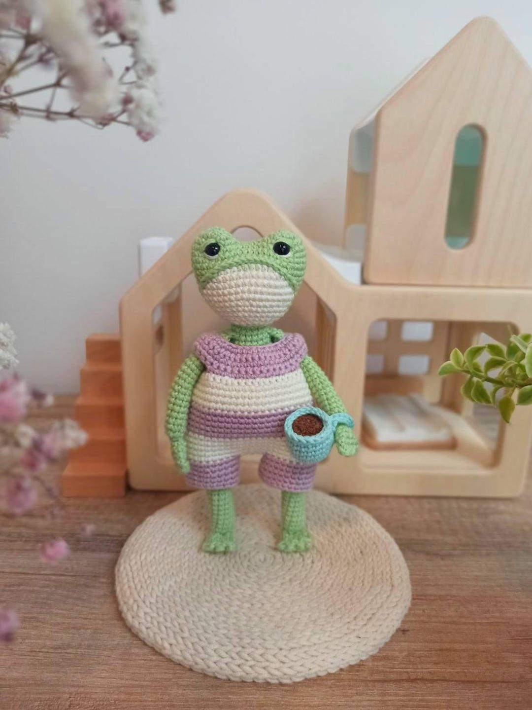Funny Amigurumi Frog With Coffee Cup – Handmade Crochet Frog Plush Toy ...