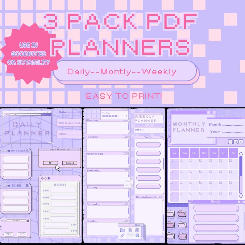 3-pack Pdf Planners! Cute Purple Pixel Style! iPad or Printable! DAILY ...