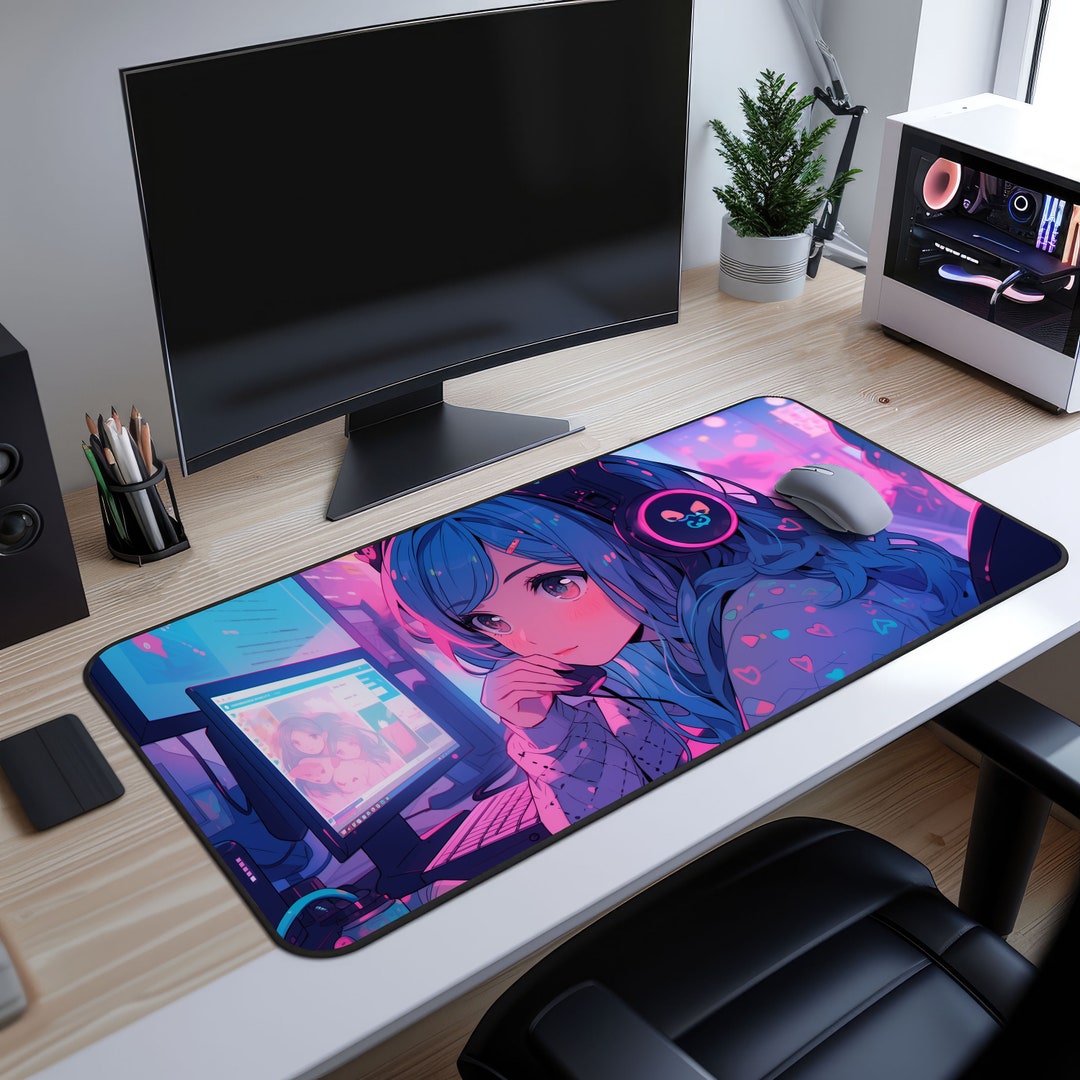 Kawaii Anime Gamer Girl Desk Mat | Smooth Polyester Mouse Pad With Non ...