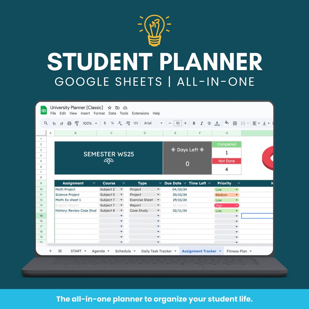 University Planner Spreadsheet Template, Google Sheets Student Planner ...