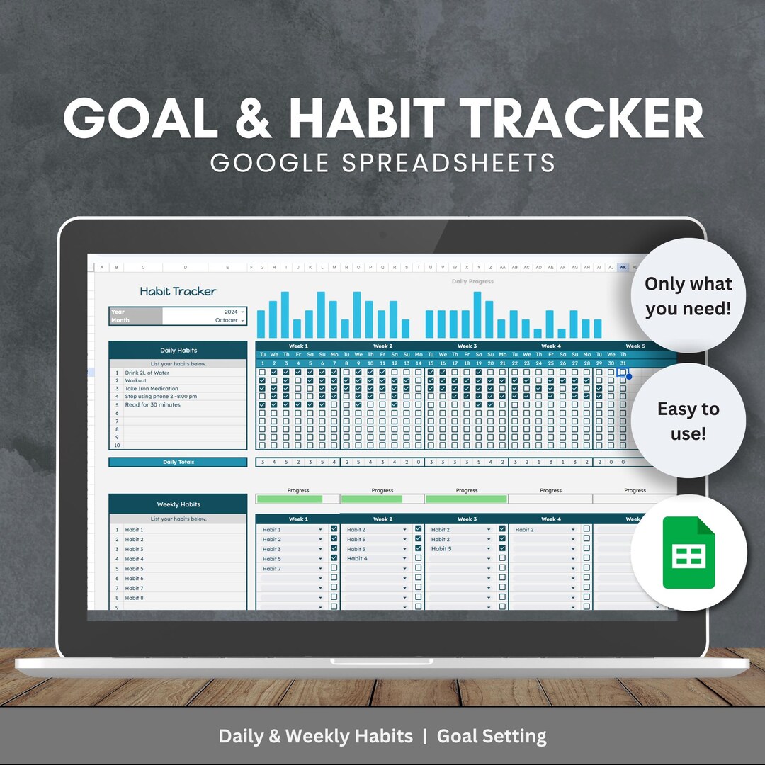 Habit & Goal Tracker Spreadsheet Google Sheets Template Daily Habit ...