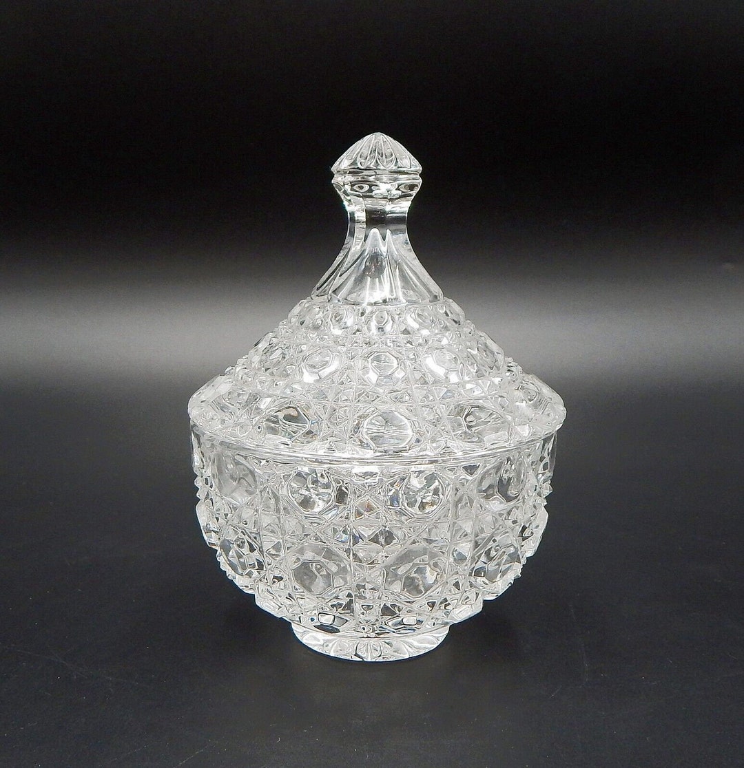 Vintage Cane Button Pattern Small Clear Crystal Glass Sugar Bowl With ...