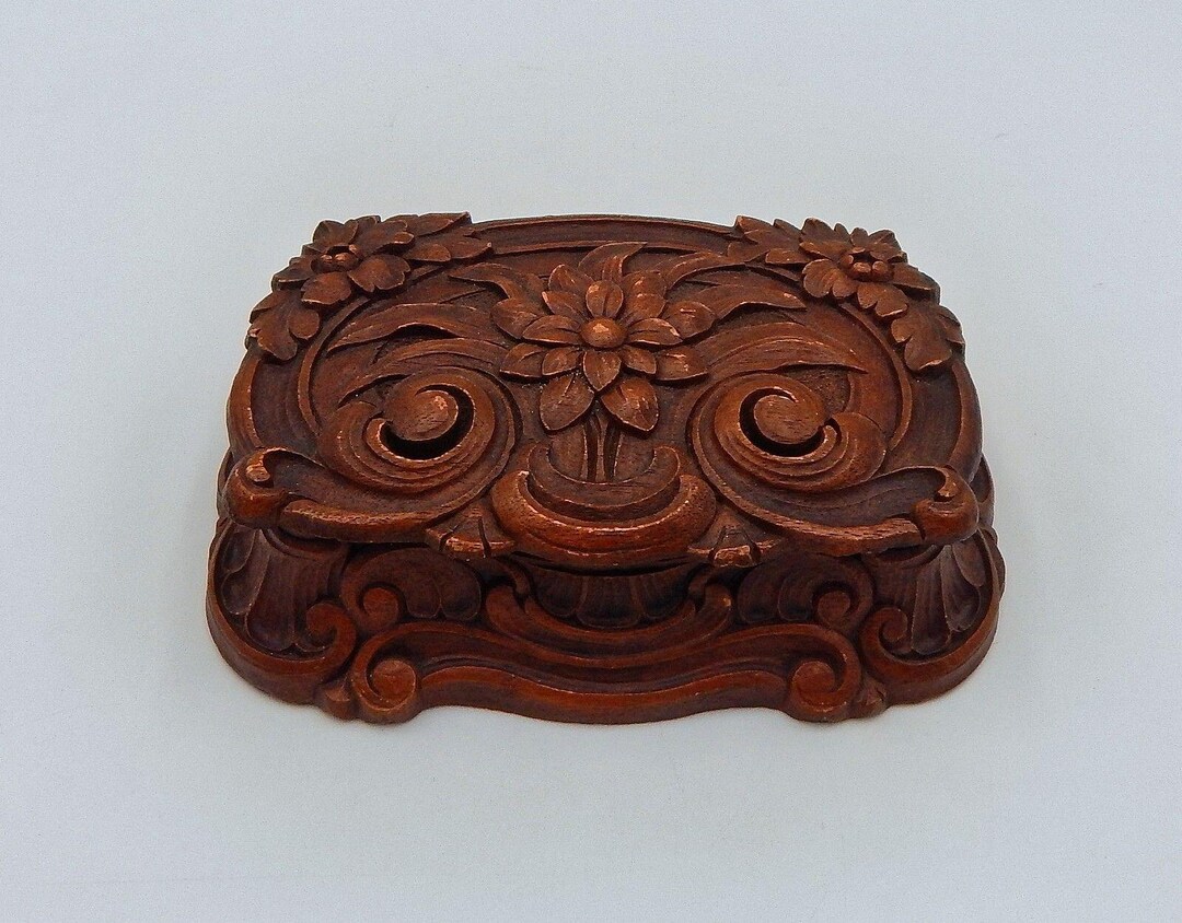 Syroco Wood Art Nouveau Cigarette Jewelry Box Carved Flower Trinket ...