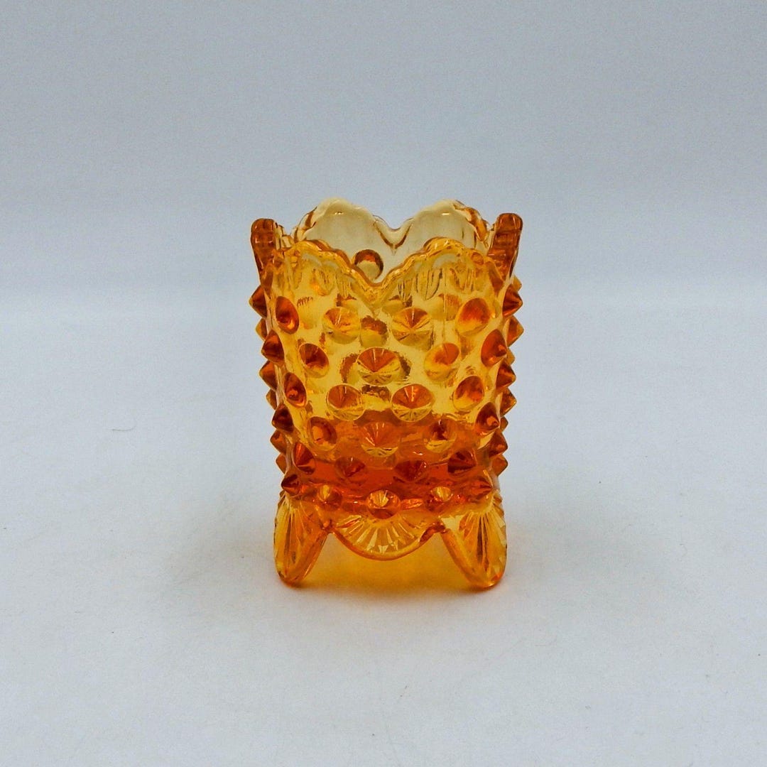 Fenton Art Glass Amber Hobnail Footed Toothpick Holder Scalloped Edge ...