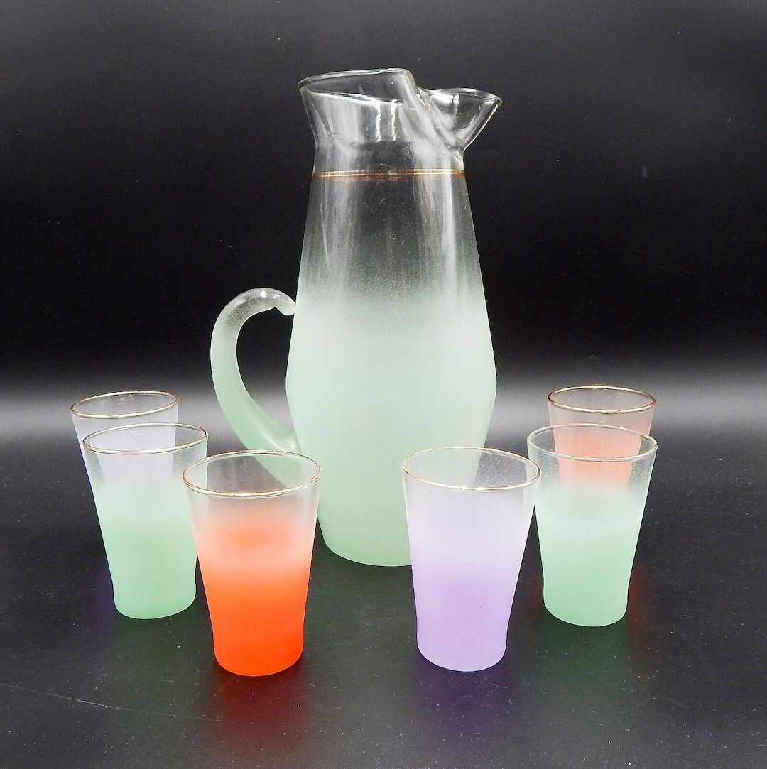 Blendo Frosted Glass Lemonade Pitcher Set Juice 7 Piece Rainbow Gold ...
