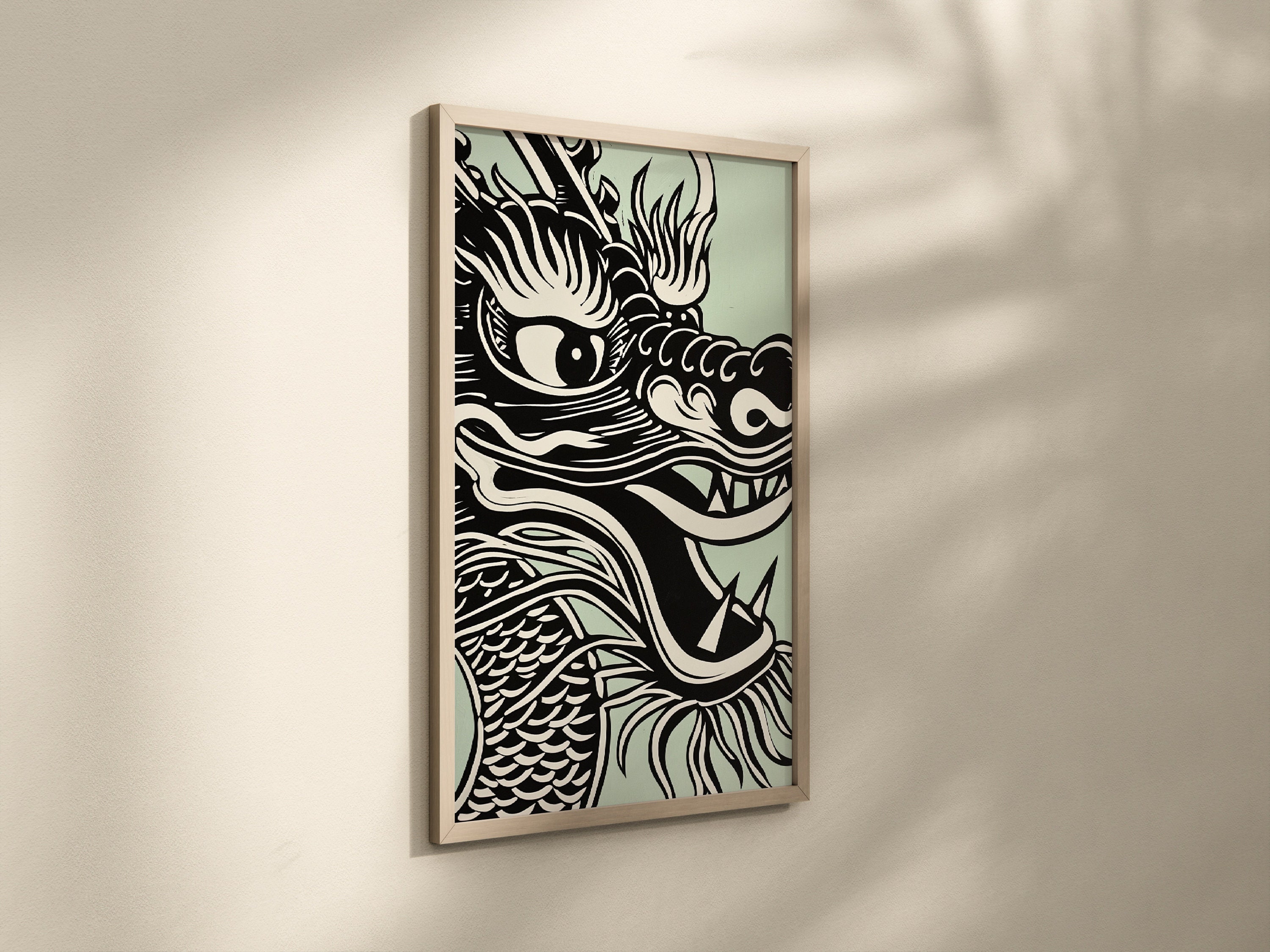 Linocut Dragon | Sage Green Wall Art, Linocut Print, Ukiyoe Poster ...