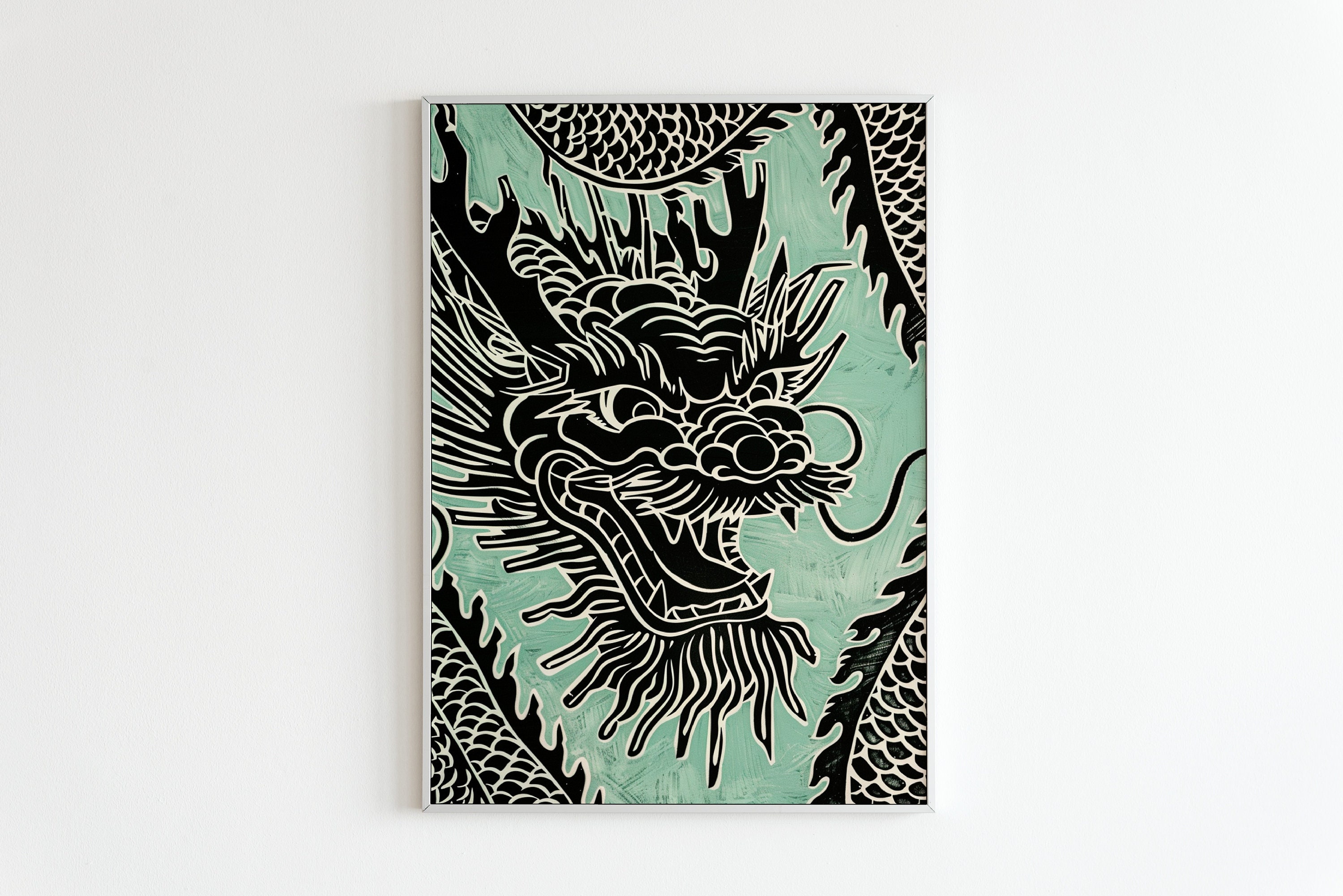 Japanese Dragon | Sage Green Wall Art, Linocut Print, Ukiyoe Poster ...