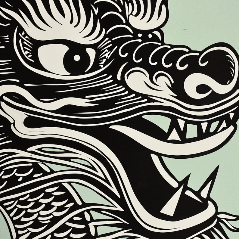 Linocut Dragon | Sage Green Wall Art, Linocut Print, Ukiyoe Poster ...