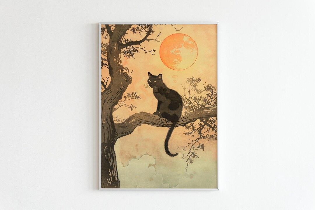 Japanese Cat Woodblock Print | Sunset Zen Wall Art (digital Download ...