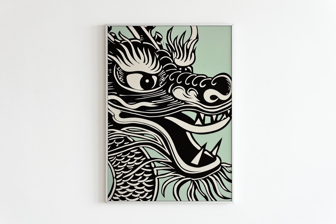 Linocut Dragon Sage Green Wall Art, Linocut Print, Ukiyoe Poster ...