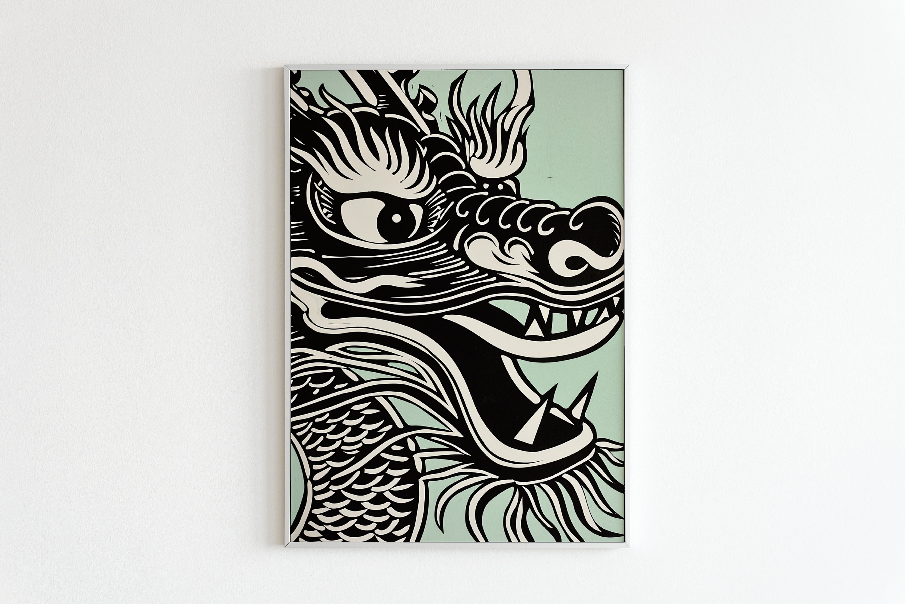 Linocut Dragon | Sage Green Wall Art, Linocut Print, Ukiyoe Poster ...