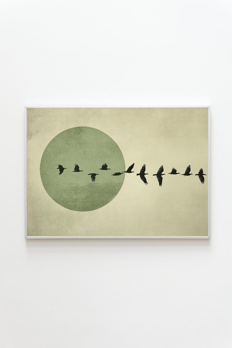 Sage Green Flock of Birds | Modern Japanese Wall Art, Green Sun Print ...
