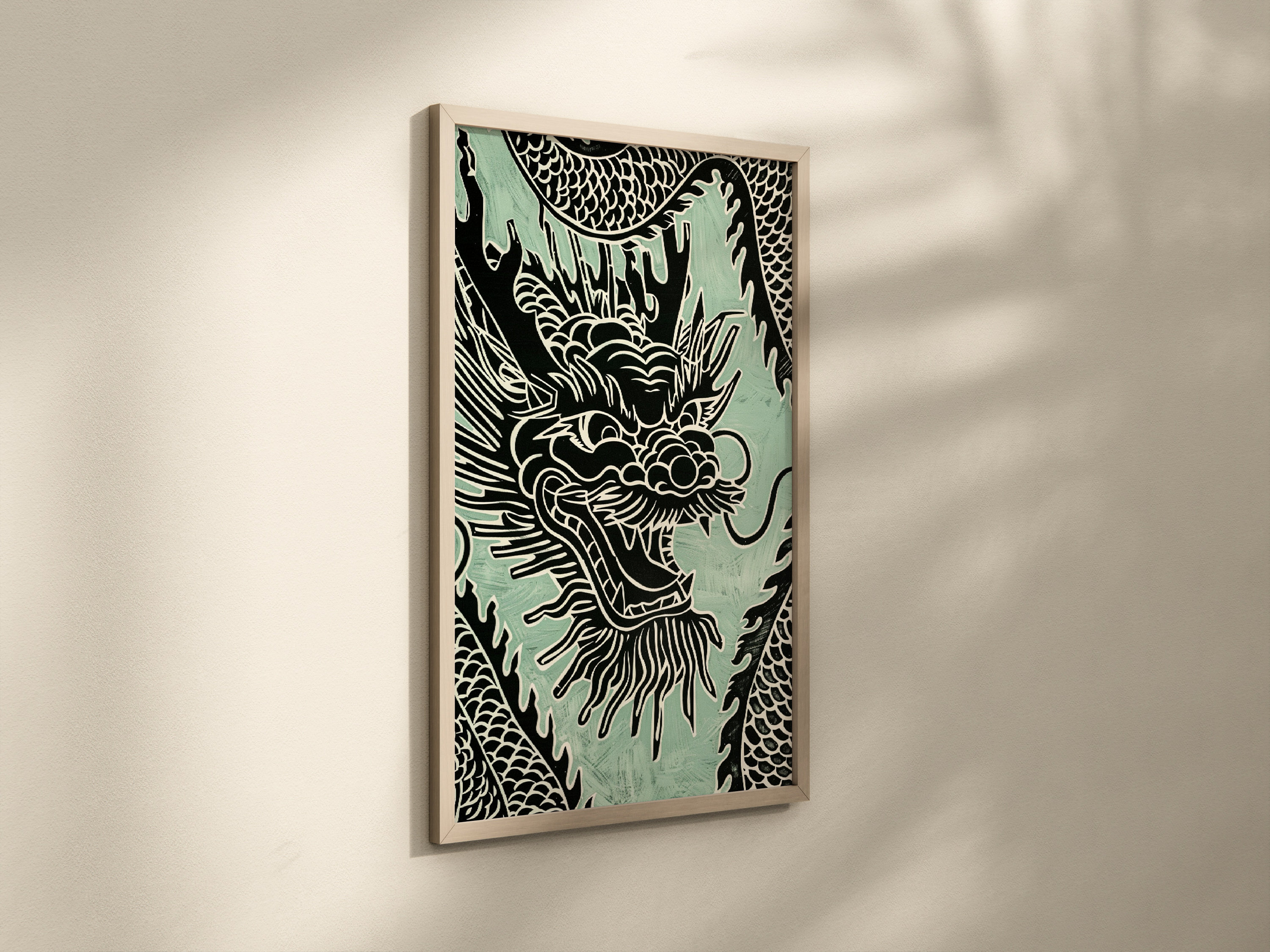 Japanese Dragon | Sage Green Wall Art, Linocut Print, Ukiyoe Poster ...