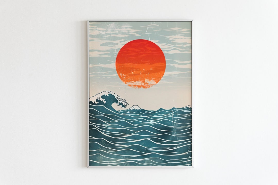 Sunset Wave | Japandi Decor, Linocut Print, Ukiyoe Poster,zen Wall Art ...