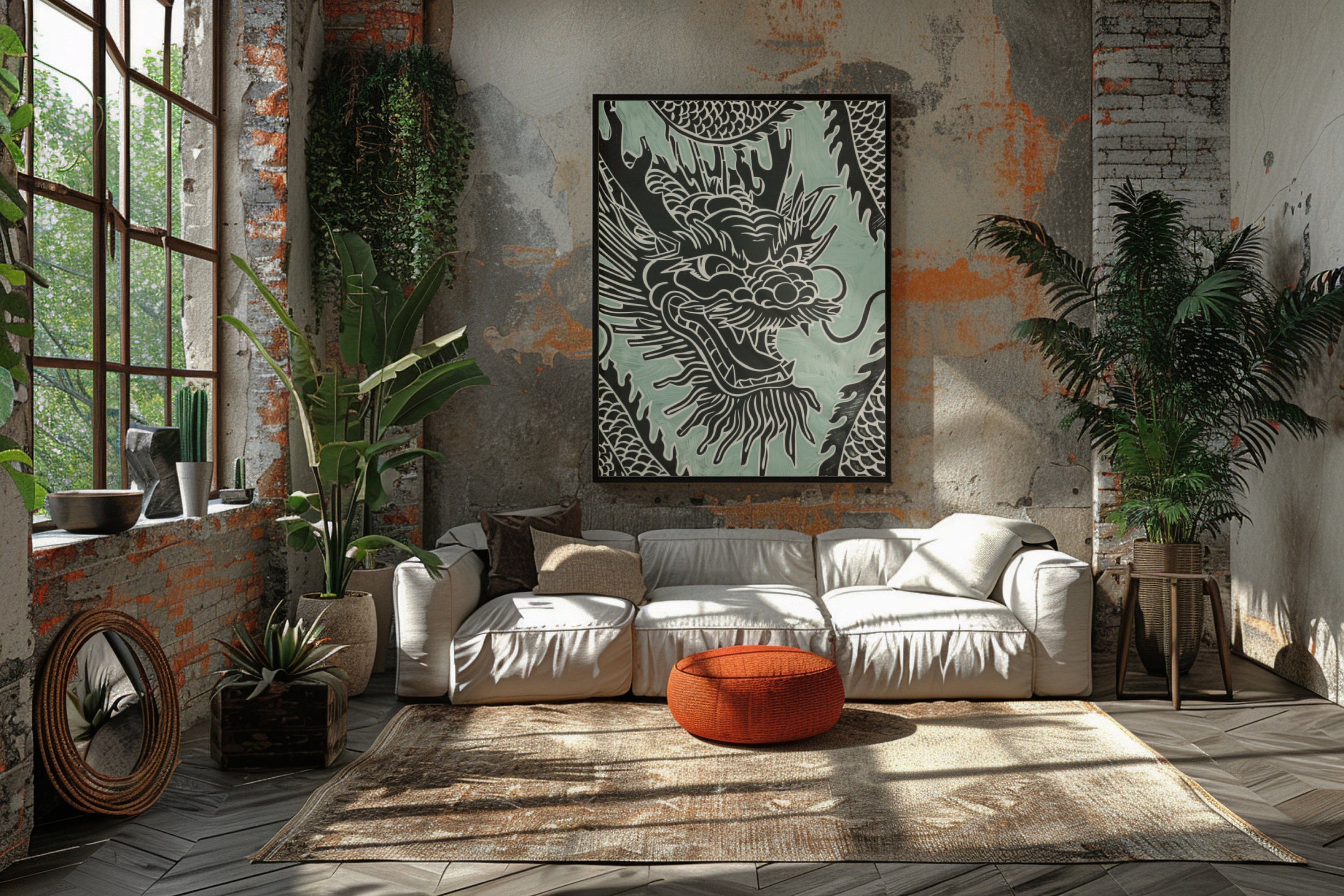 Japanese Dragon | Sage Green Wall Art, Linocut Print, Ukiyoe Poster ...