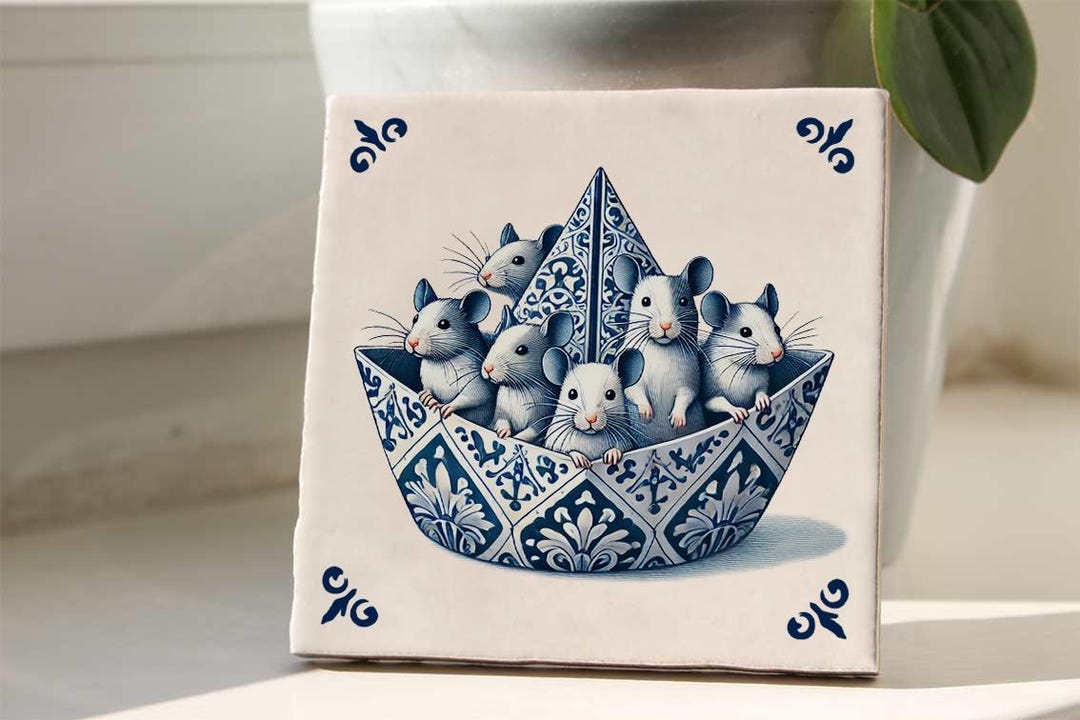 Delft Blue Ceramic Tile: Mice in Paper Boat Modern Dutch Design ...
